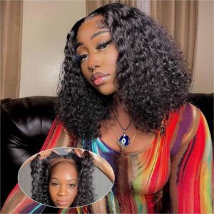 omswet glueless curly wigs human hair pre plucked curly bob wig human hair 5x5 hd lace closure wigs human hair wigs for women black deep wave pre plucked lace wig wear and go 180 density 14 inch