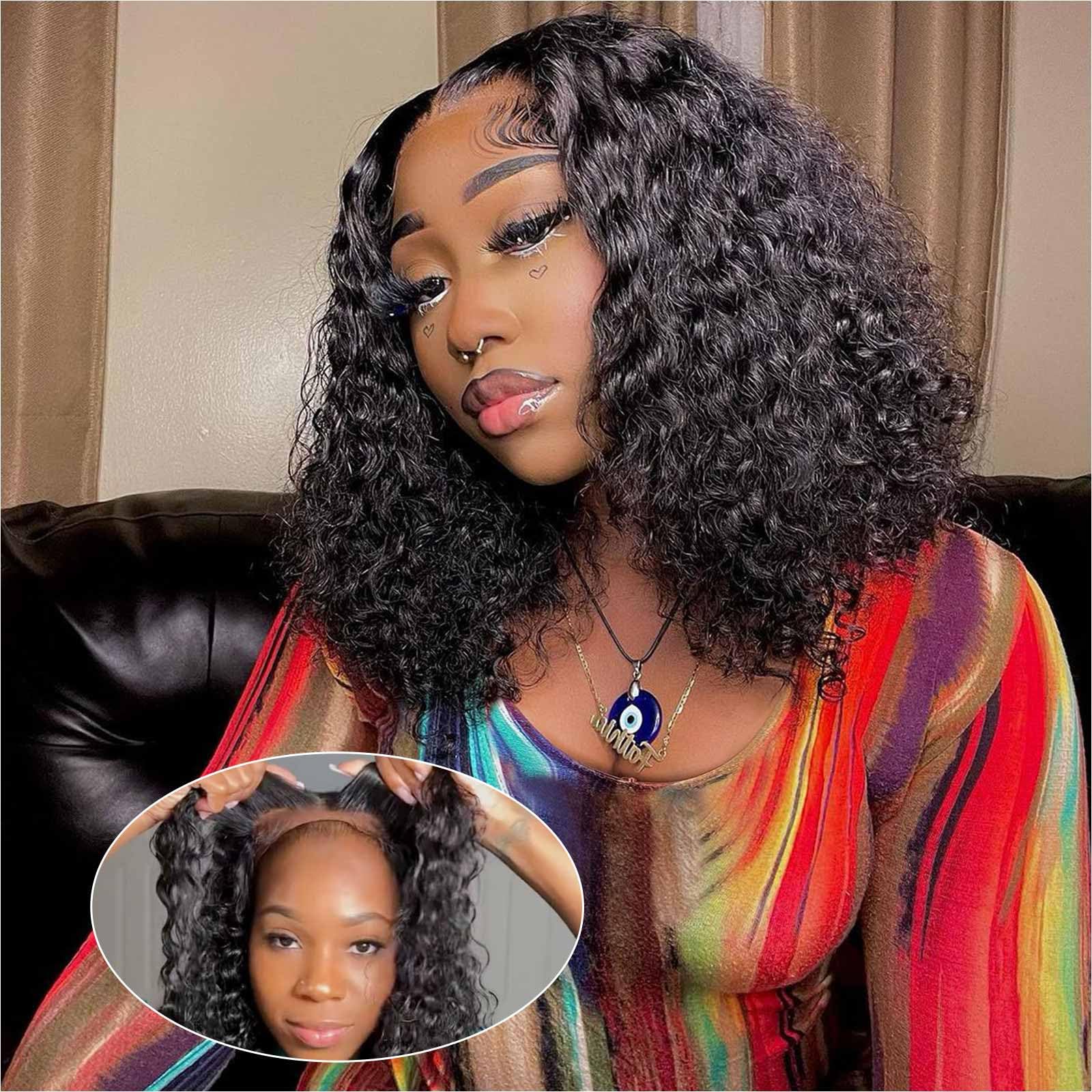 omswet Glueless Curly Wigs Human Hair Pre Plucked Curly BOB Wig Human Hair 5x5 HD Lace Closure Wigs Human Hair Wigs for Women Black Deep Wave Pre Plucked Lace Wig Wear and Go 180 Density 14 inch