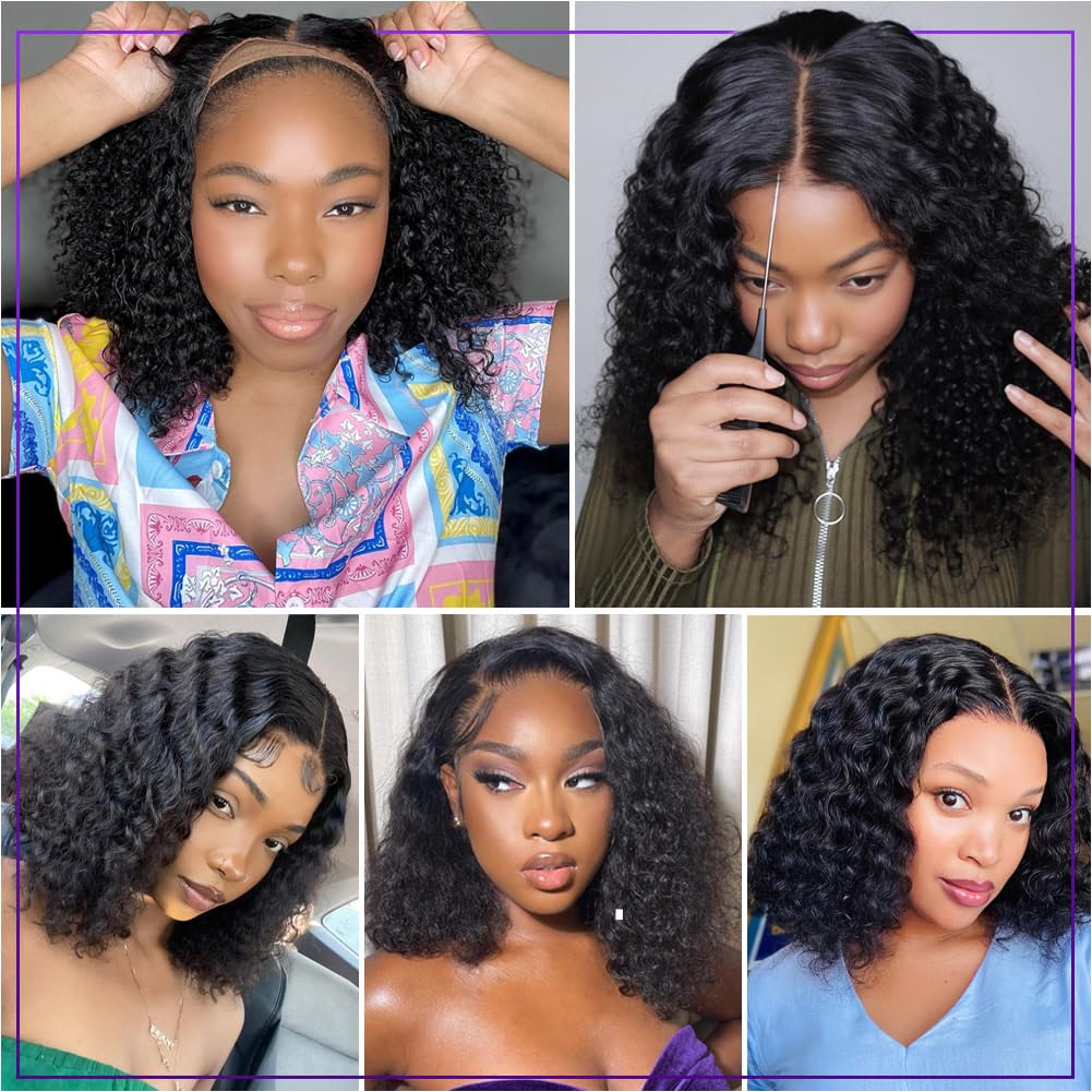 omswet Glueless Curly Wigs Human Hair Pre Plucked Curly BOB Wig Human Hair 5x5 HD Lace Closure Wigs Human Hair Wigs for Women Black Deep Wave Pre Plucked Lace Wig Wear and Go 180 Density 14 inch