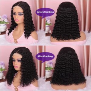 omswet Glueless Curly Wigs Human Hair Pre Plucked Curly BOB Wig Human Hair 5x5 HD Lace Closure Wigs Human Hair Wigs for Women Black Deep Wave Pre Plucked Lace Wig Wear and Go 180 Density 14 inch