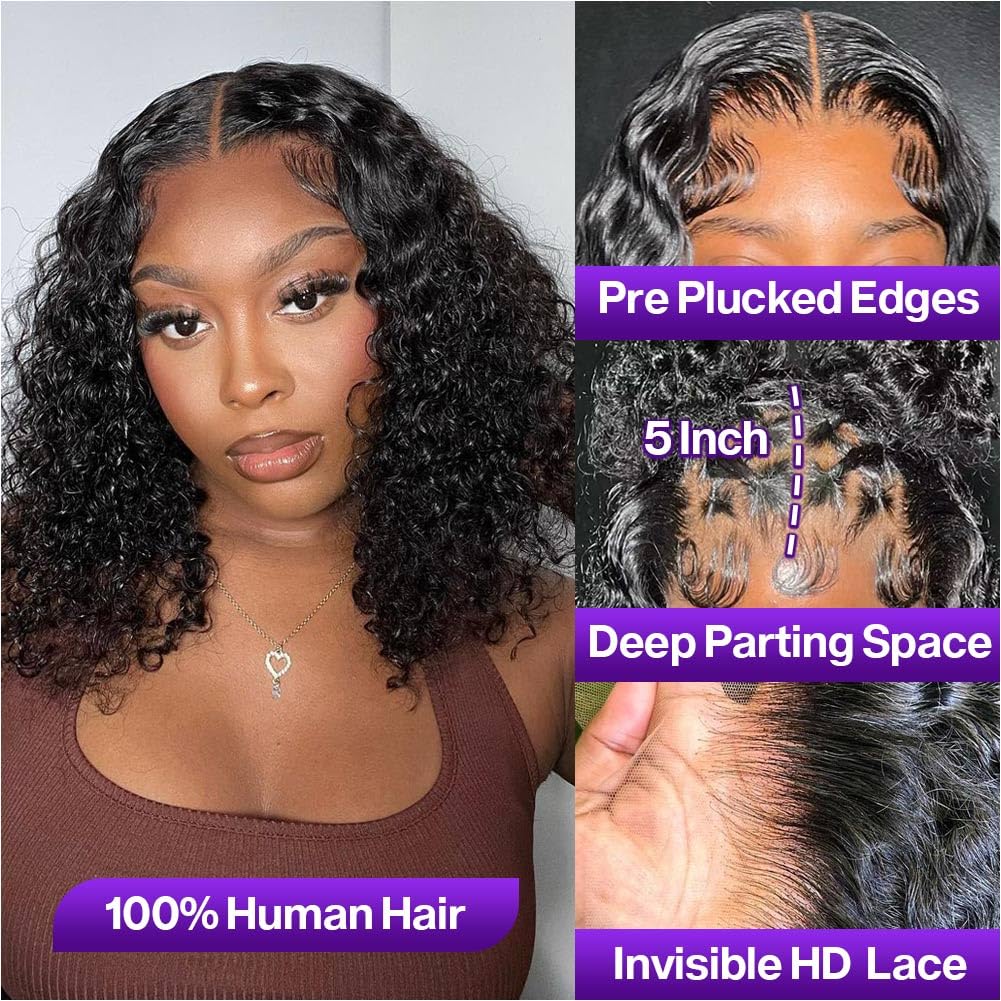 omswet Glueless Curly Wigs Human Hair Pre Plucked Curly BOB Wig Human Hair 5x5 HD Lace Closure Wigs Human Hair Wigs for Women Black Deep Wave Pre Plucked Lace Wig Wear and Go 180 Density 14 inch