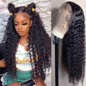 13x4 deep wave lace front wigs human hair pre plucked 22 inch curly 150 density frontal wig for women glueless wigs with natural hairline (22 inch)