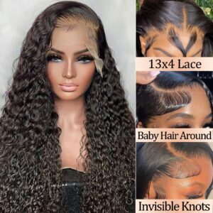 13x4 Deep Wave Lace Front Wigs Human Hair Pre Plucked 22 Inch Curly 150 Density Frontal Wig for Women Glueless Wigs with Natural Hairline (22 Inch)