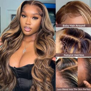 200 Density 360 Lace Front Wigs Human Hair Pre Plucked Honey Blonde Body Wave Lace Front Wigs with Baby Hair Full 360 Glueless HD Transparent Lace Front Human Hair Wigs for women 4/27 Human Hair Wig