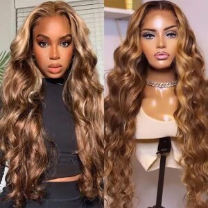 200 Density 360 Lace Front Wigs Human Hair Pre Plucked Honey Blonde Body Wave Lace Front Wigs with Baby Hair Full 360 Glueless HD Transparent Lace Front Human Hair Wigs for women 4/27 Human Hair Wig