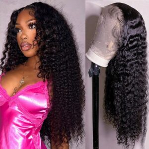 28 inch deep wave lace front wigs human hair 180% density deep curly lace front wigs human hair pre-plucked 13x4 black curly wigs for women hd transparent lace frontal glueless wigs human hair