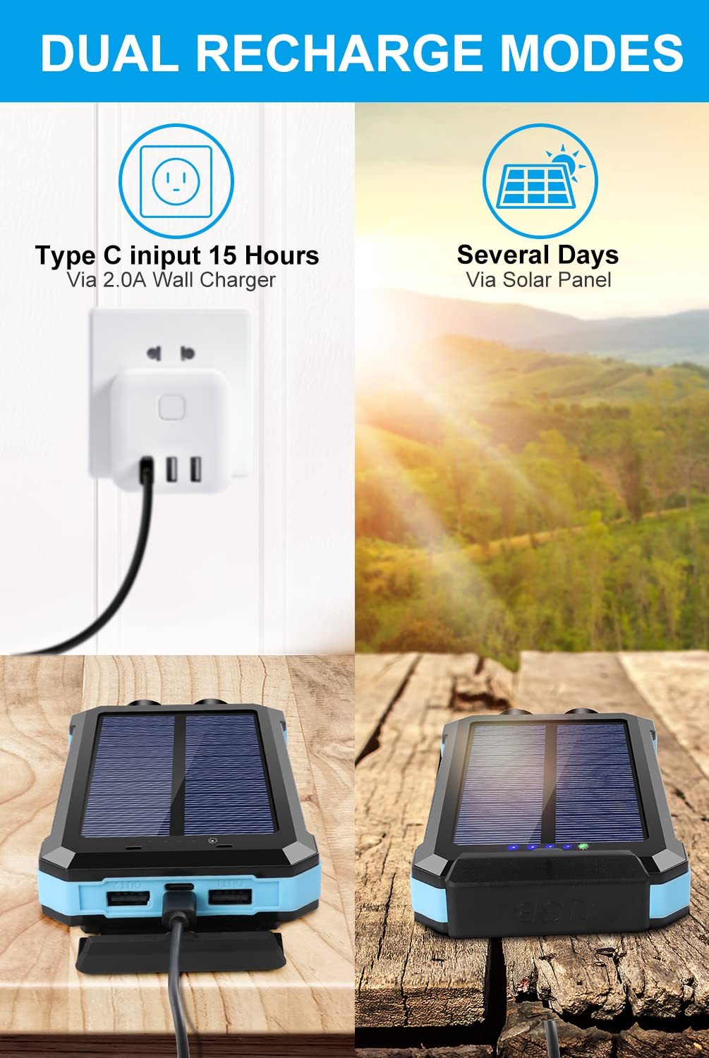 Power-Bank-Portable-Solar-Charger-30000mAh Battery Pack with Emergency LED Flashlight & 2x2.1A USB-A Output Ports Compatible with iPhone 14/13 Series, Samsung, and More, Perfect for Hiking, Camping