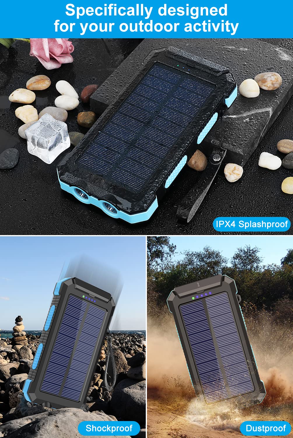 Power-Bank-Portable-Solar-Charger-30000mAh Battery Pack with Emergency LED Flashlight & 2x2.1A USB-A Output Ports Compatible with iPhone 14/13 Series, Samsung, and More, Perfect for Hiking, Camping