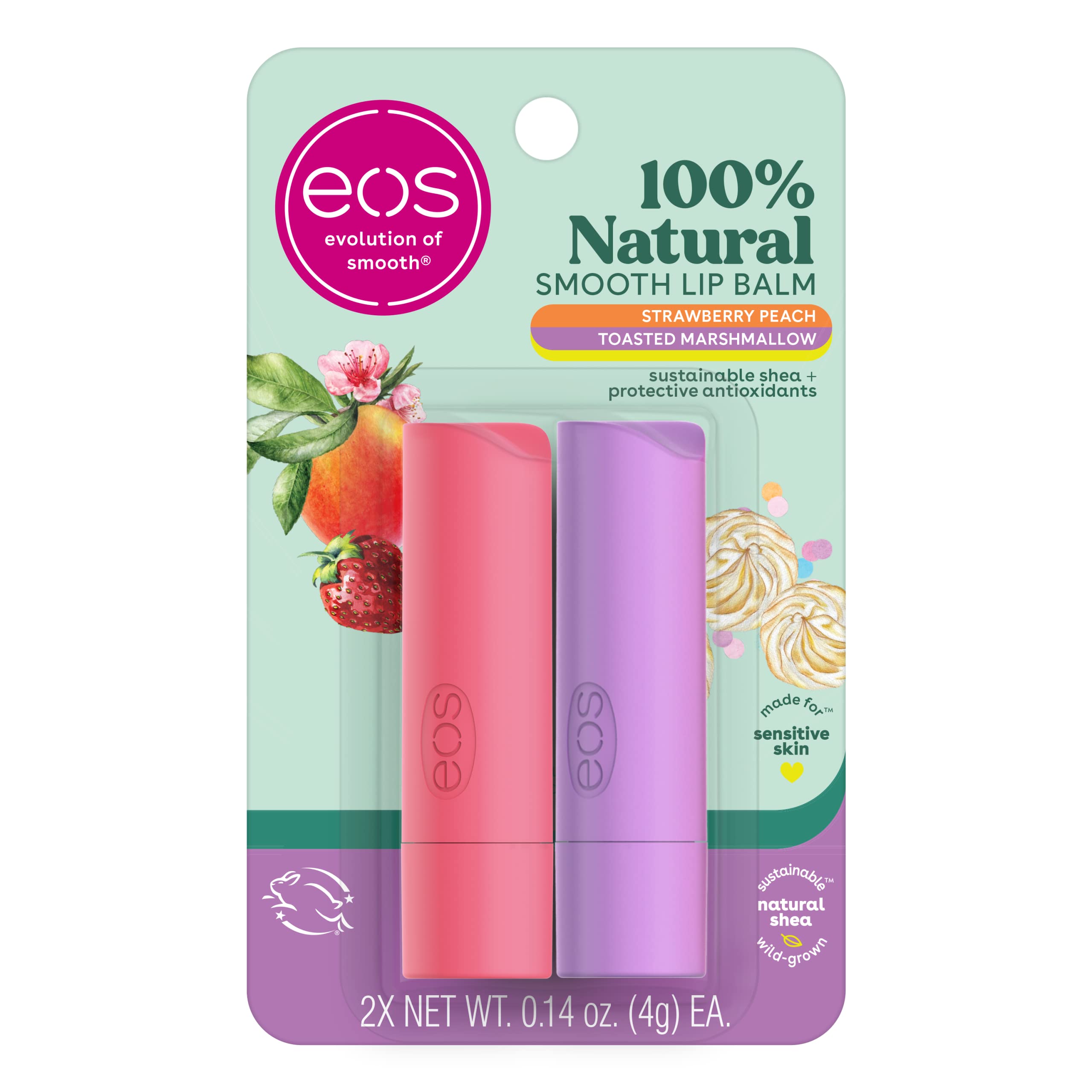 eos 100% Natural Lip Balm- Strawberry Peach and Toasted Marshmallow, All-Day Moisture Lip Care, 0.14 oz, 2 Pack