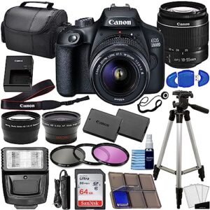 canon eos 2000d (rebel t7) dslr with 18-55mm lens 3 lens kit bundled with 64gb memory card, extra battery, 3pc filter kit, tripod, case + complete photo bundle - international model, black