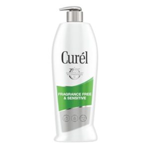 curel fragrance free comforting body lotion, unscented dry skin moisturizer for sensitive skin, with advanced ceramide complex, repairs moisture barrier, 20 oz