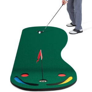 gymax putting green, 10 x 3 ft par three putting mat set with 3 putting cups, 1 flag and golf hole covers, putting green mat for golf training practice indoor/outdoor, garage, backyard, office