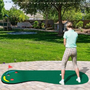 GYMAX Putting Green, 10 x 3 ft Par Three Putting Mat Set with 3 Putting Cups, 1 Flag and Golf Hole Covers, Putting Green Mat for Golf Training Practice Indoor/Outdoor, Garage, Backyard, Office