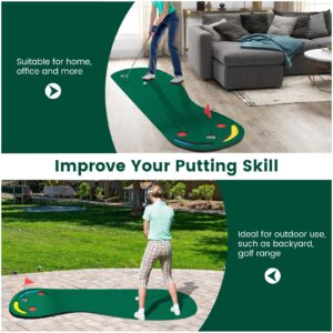 GYMAX Putting Green, 10 x 3 ft Par Three Putting Mat Set with 3 Putting Cups, 1 Flag and Golf Hole Covers, Putting Green Mat for Golf Training Practice Indoor/Outdoor, Garage, Backyard, Office