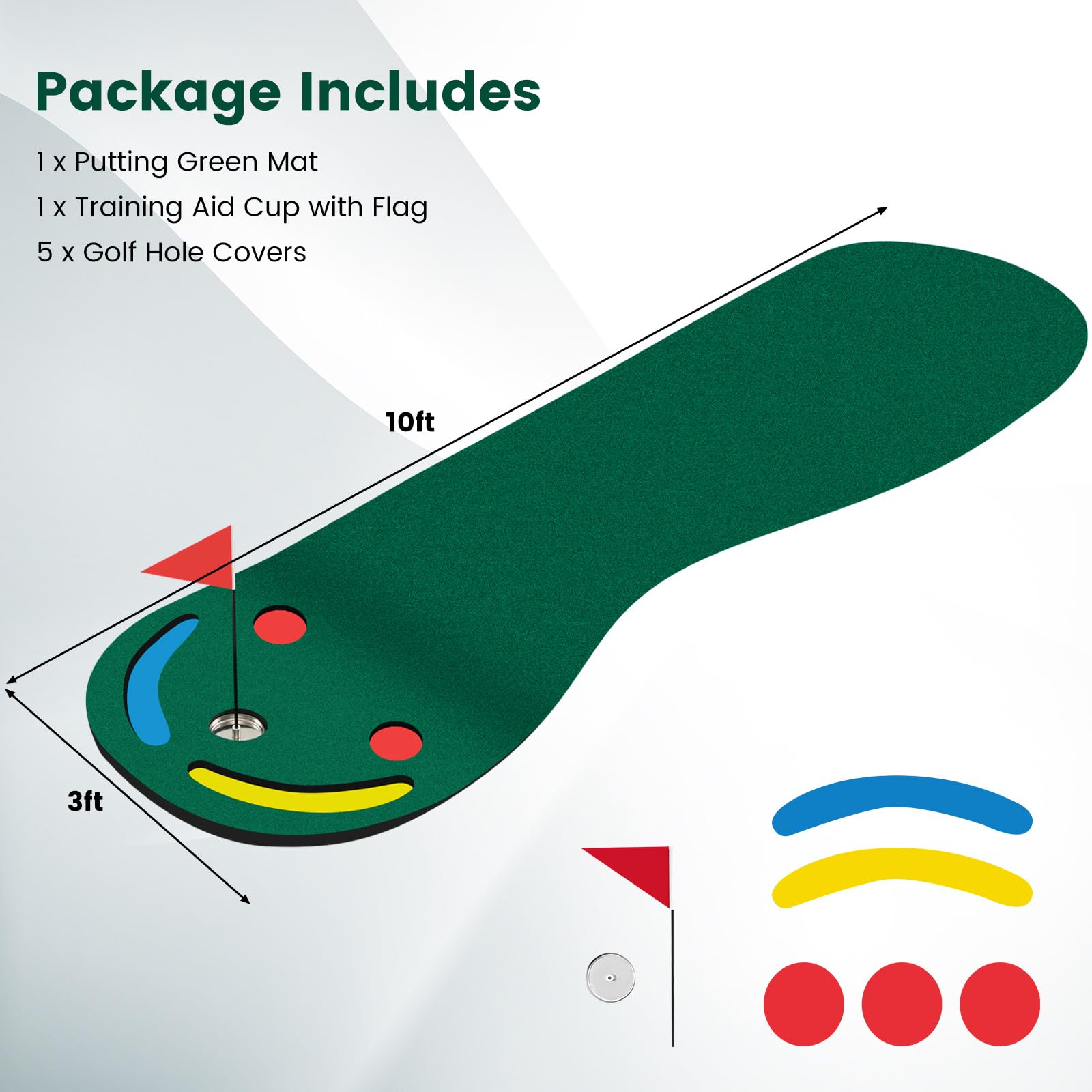 GYMAX Putting Green, 10 x 3 ft Par Three Putting Mat Set with 3 Putting Cups, 1 Flag and Golf Hole Covers, Putting Green Mat for Golf Training Practice Indoor/Outdoor, Garage, Backyard, Office