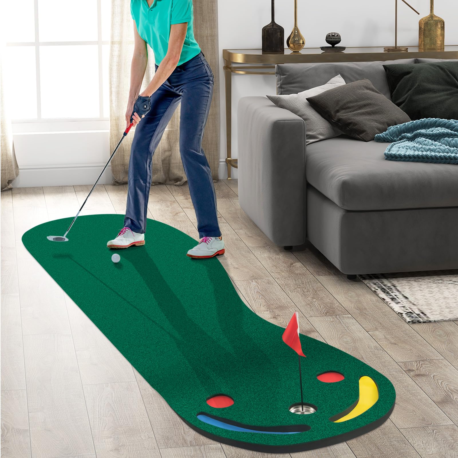 GYMAX Putting Green, 10 x 3 ft Par Three Putting Mat Set with 3 Putting Cups, 1 Flag and Golf Hole Covers, Putting Green Mat for Golf Training Practice Indoor/Outdoor, Garage, Backyard, Office