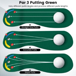 GYMAX Putting Green, 10 x 3 ft Par Three Putting Mat Set with 3 Putting Cups, 1 Flag and Golf Hole Covers, Putting Green Mat for Golf Training Practice Indoor/Outdoor, Garage, Backyard, Office