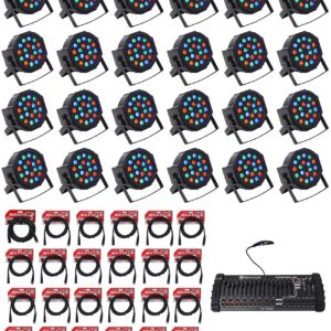 (24) Rockville LED RGB Par Can Wash Light + Dual Bracket Bundle: (1) Lighting Controller + MIDI Control, (1) 25ft 3 Pin DMX Lighting Cable, (23) 10ft 3 Pin DMX Lighting Cables (49 Items)