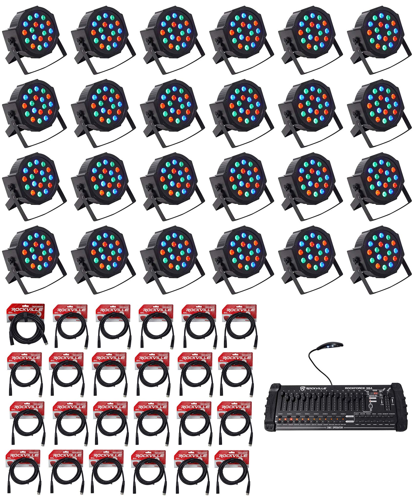 (24) Rockville LED RGB Par Can Wash Light + Dual Bracket Bundle: (1) Lighting Controller + MIDI Control, (1) 25ft 3 Pin DMX Lighting Cable, (23) 10ft 3 Pin DMX Lighting Cables (49 Items)