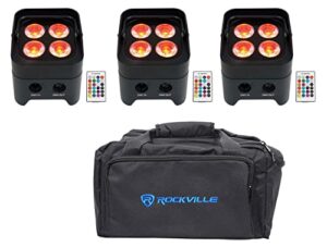 (3) rockville best par 50 rechargeable par wash lights wireless dmx+rgbwa+uv+bag