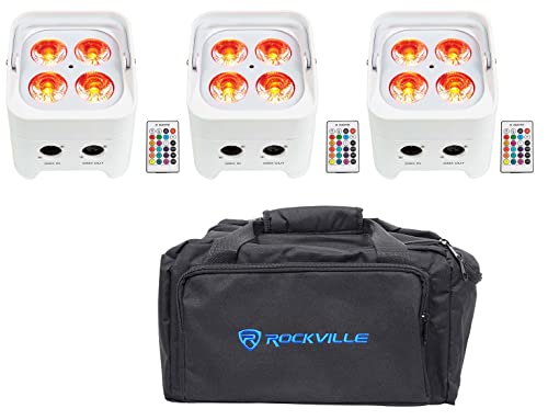 3) Rockville BEST PAR 50 White Rechargeable Par Lights Wireless DMX+RGBWA+UV+Bag