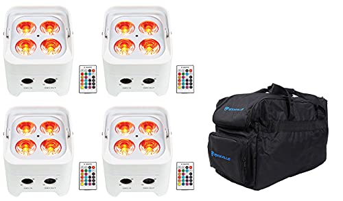 4) Rockville Best PAR 50 White Rechargeable Par Lights Wireless DMX+RGBWA+UV+Bag