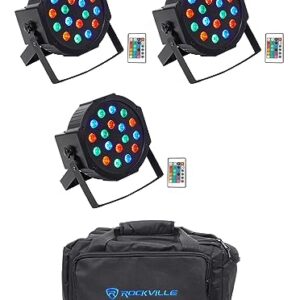 (3) Rockville BATTERY PAR 50 Rechargeable LED DMX DJ Wash Up-Lights+Remotes+Bag