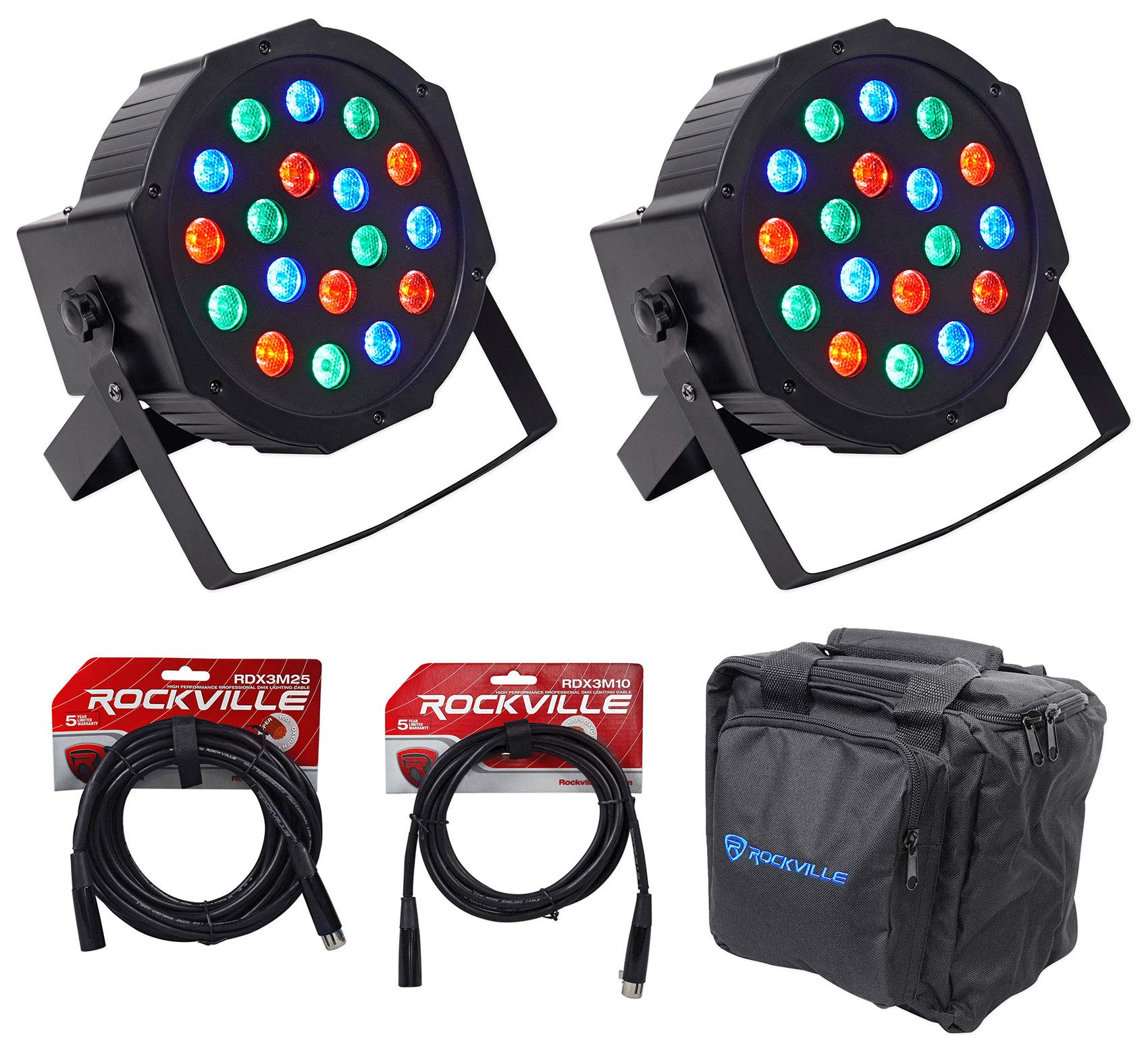 (2) Rockville LED RGB Par Can Wash Light + Dual Bracket Bundle: DJ/Club DMX Wash Light, (1) Universal Travel Bag, (1) 25ft 3 Pin DMX Lighting Cable, (1) 10ft 3 Pin DMX Lighting Cable (5 Items)