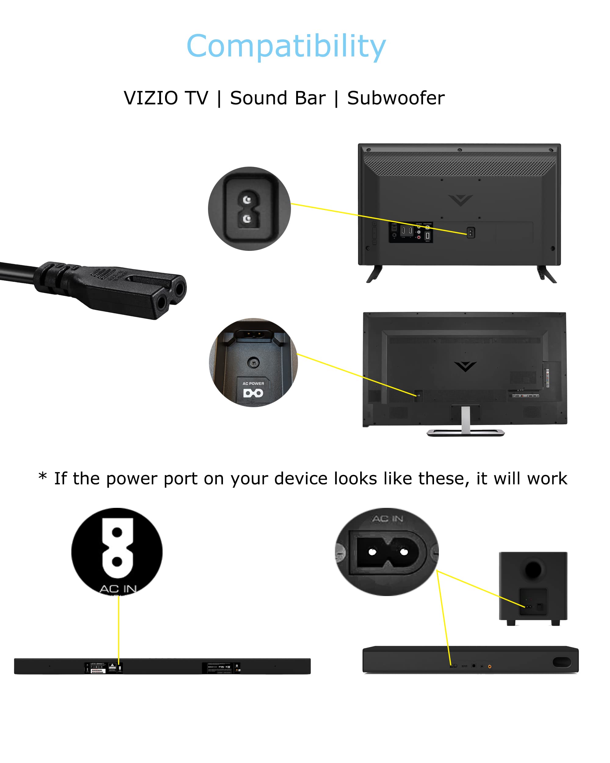 Guy-Tech AC in Power Cord Outlet Socket Plug Cable Lead for Bose Solo TV Sound System Model Number 410376 Set top Box soundbar Sound bar