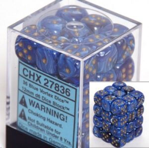 chessex dice d6 sets: vortex blue with gold - 12mm six sided die (36) block of dice