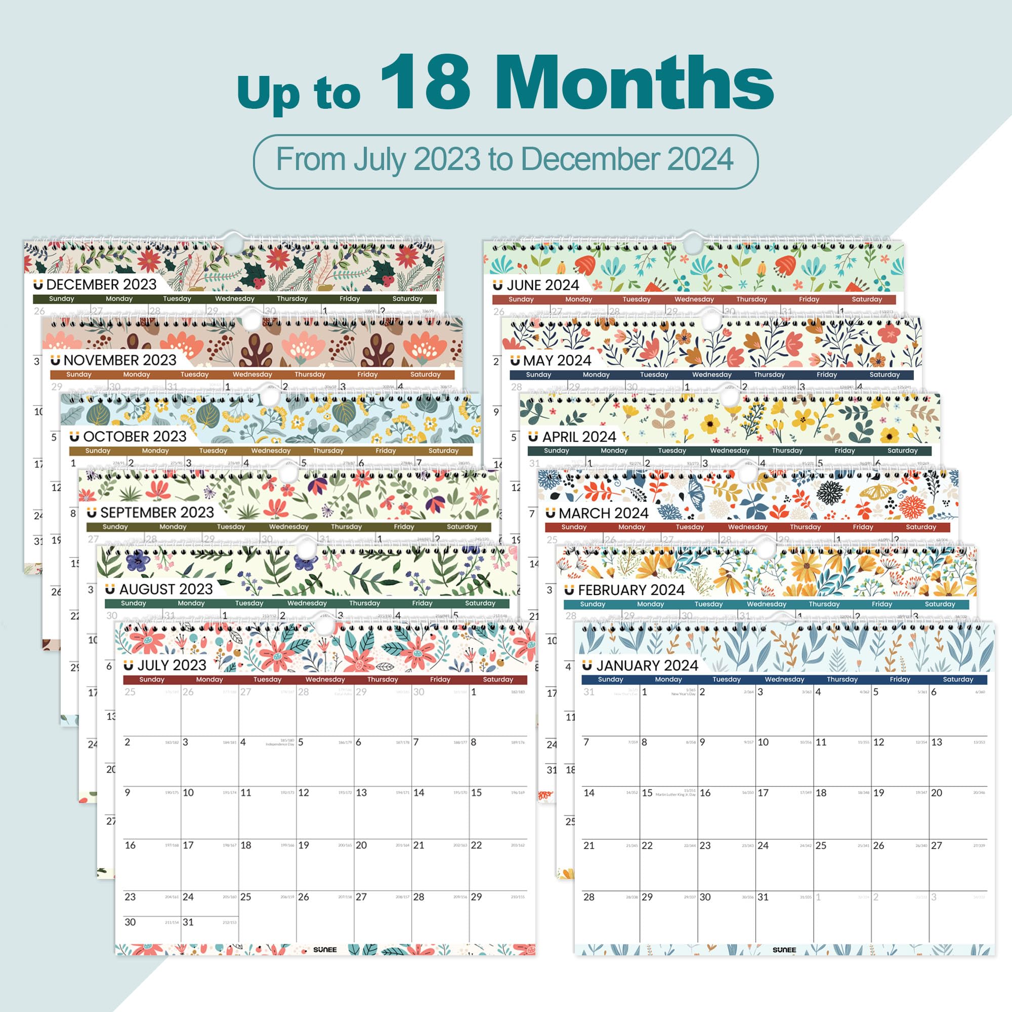 SUNEE Wall Calendar 2023-24, Now to December 2024, 15 Months Large Monthly Calendar for Office, 14.5x11.5, Floral Decorative