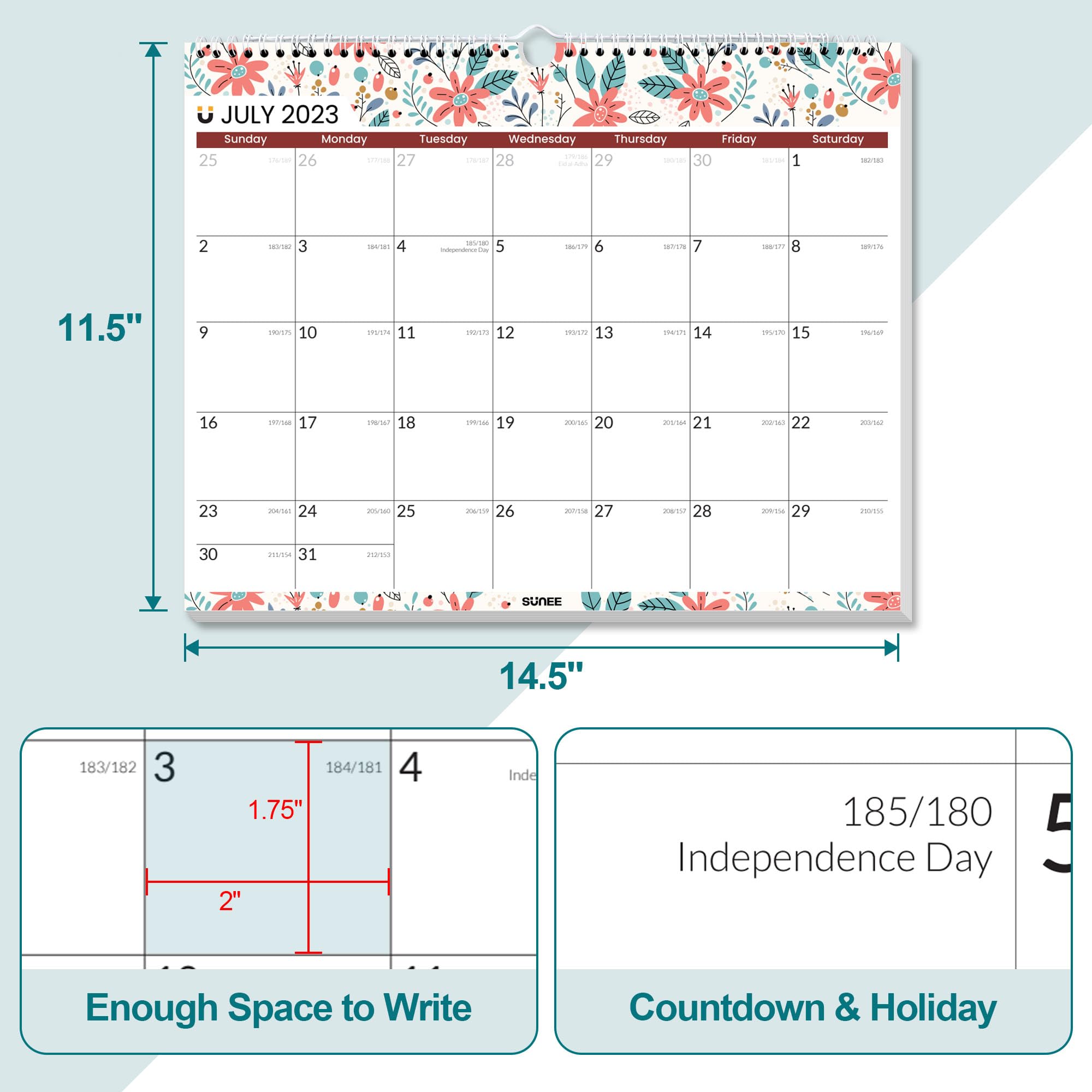 SUNEE Wall Calendar 2023-24, Now to December 2024, 15 Months Large Monthly Calendar for Office, 14.5x11.5, Floral Decorative