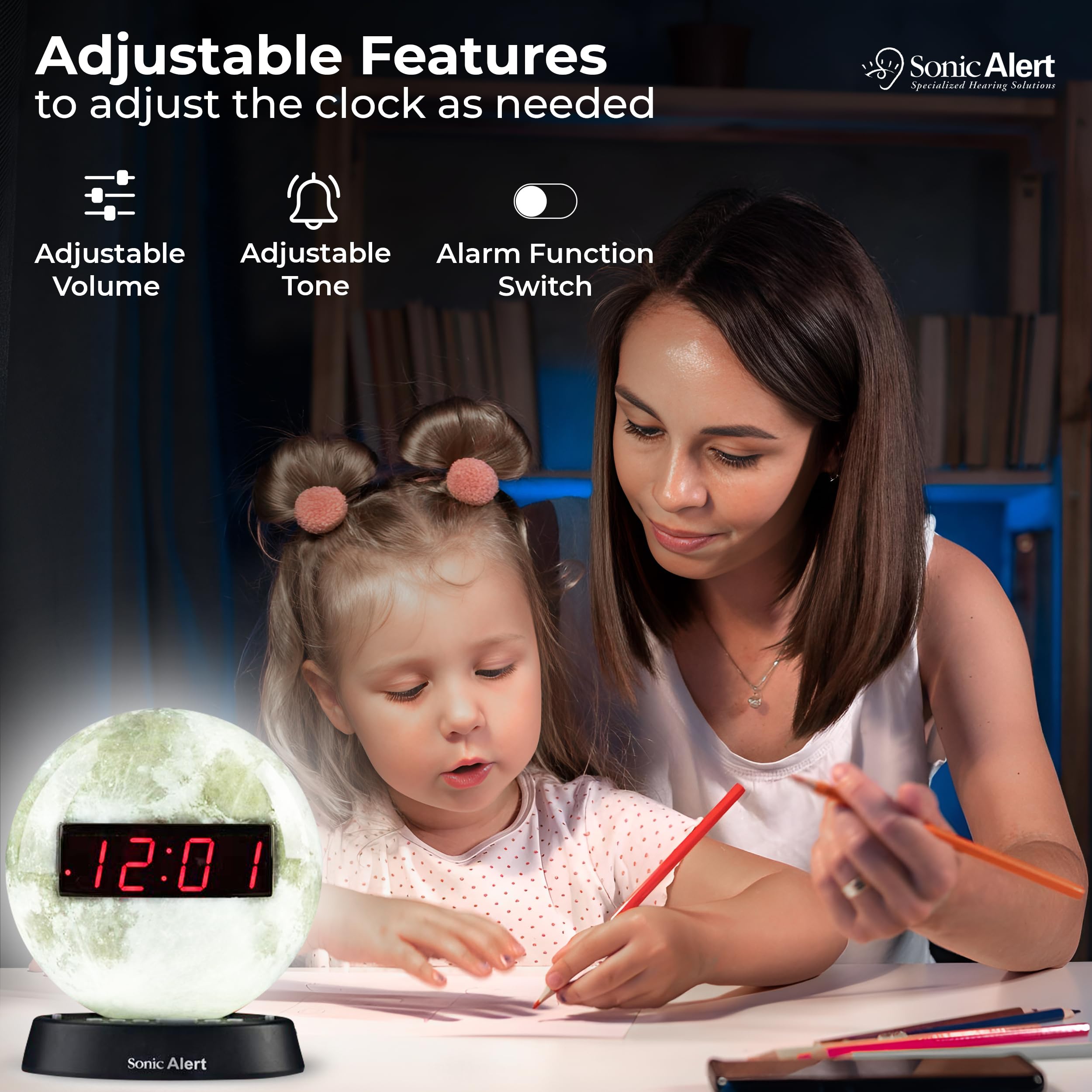 Sonic Alert Moon Alarm Clock Nightlight | Soft Ambient Light for Children in The Dark | Recordable Alarm Clock for Heavy Sleepers | Built-in Speake, Aux Connection