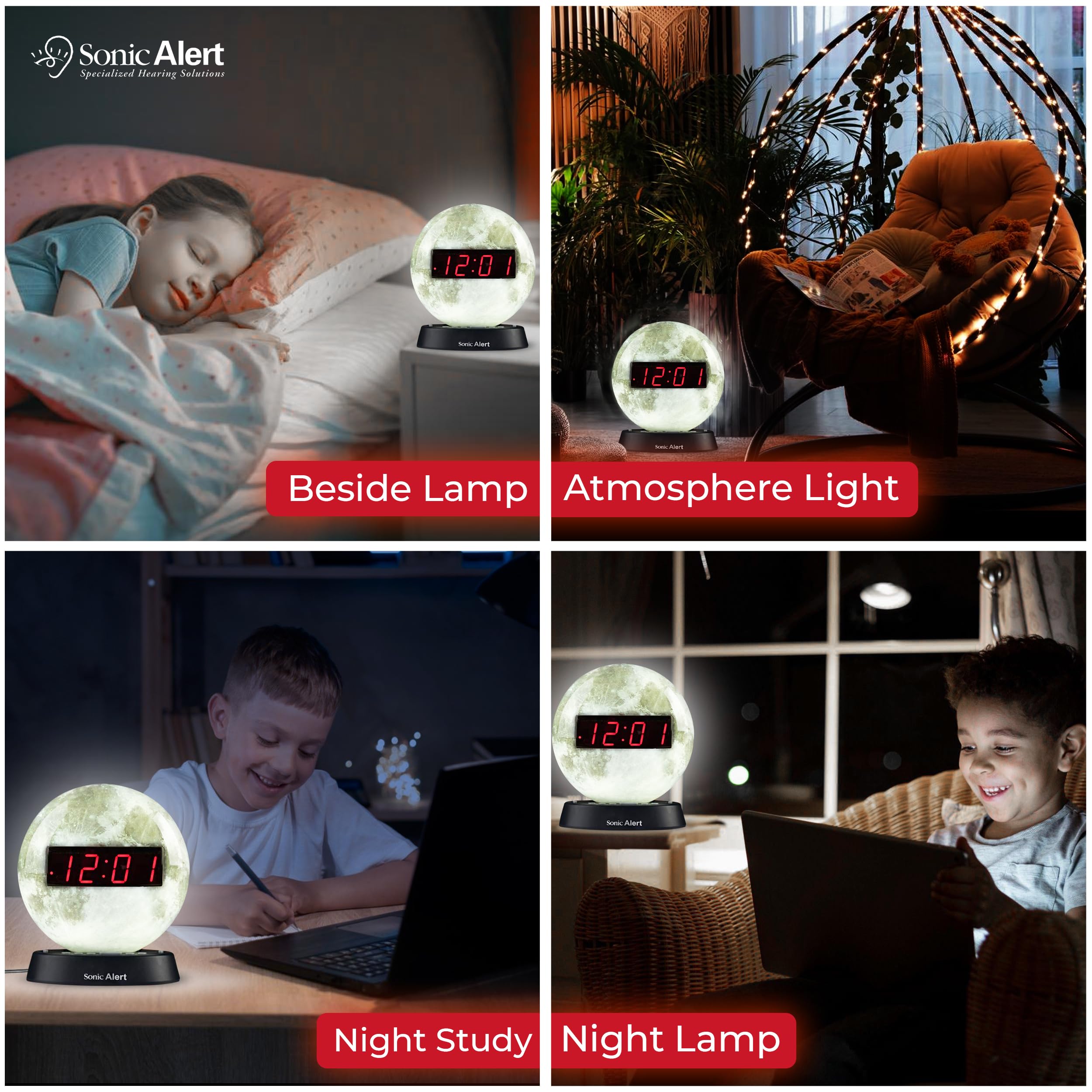 Sonic Alert Moon Alarm Clock Nightlight | Soft Ambient Light for Children in The Dark | Recordable Alarm Clock for Heavy Sleepers | Built-in Speake, Aux Connection