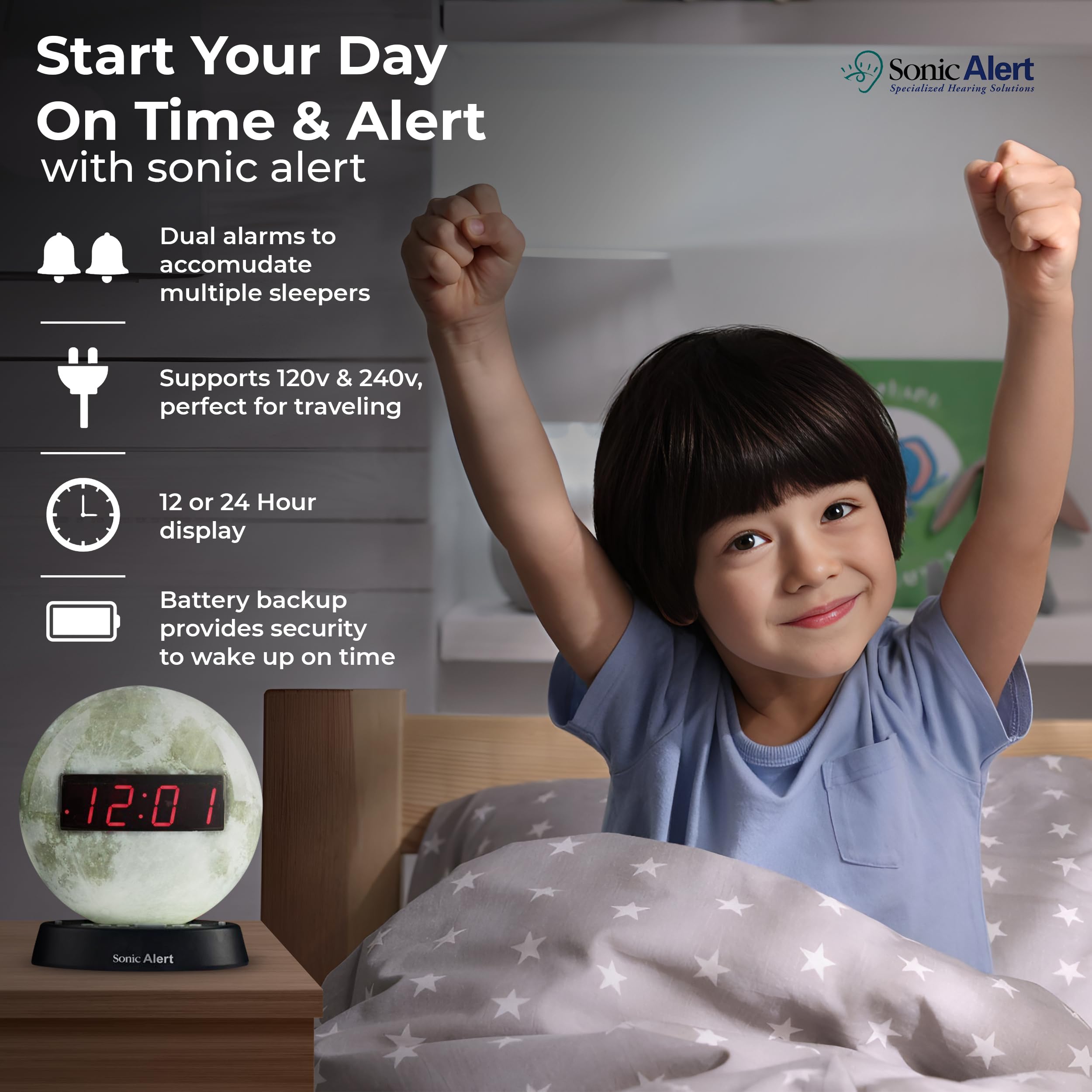 Sonic Alert Moon Alarm Clock Nightlight | Soft Ambient Light for Children in The Dark | Recordable Alarm Clock for Heavy Sleepers | Built-in Speake, Aux Connection