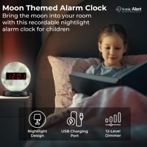 Sonic Alert Moon Alarm Clock Nightlight | Soft Ambient Light for Children in The Dark | Recordable Alarm Clock for Heavy Sleepers | Built-in Speake, Aux Connection