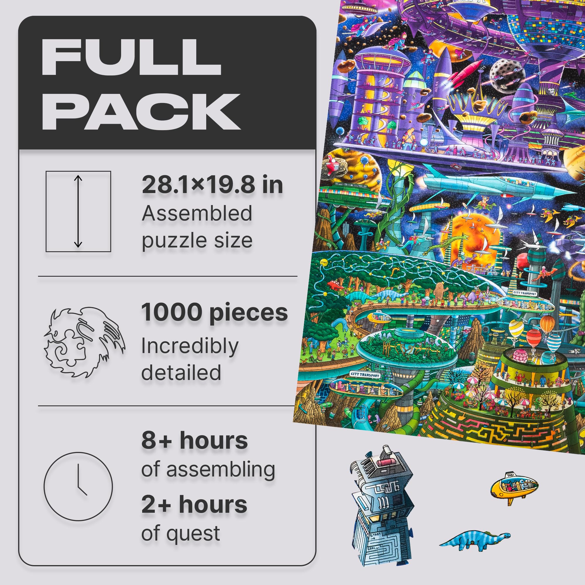 UNIDRAGON Original + IC4 Design Wooden Jigsaw Puzzle for Adults and Kids, Puzzle Board Game, Quezzle Space Adventures, Full Pack, 1000 Pieces, 28.2 by 19.6 Inches