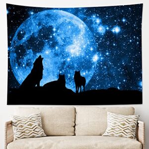 hvest wolf tapestry wall hanging full moon in blue space tapestries wild animal wolves wall decor blanket for kids bedroom living room dorm party (48x36")