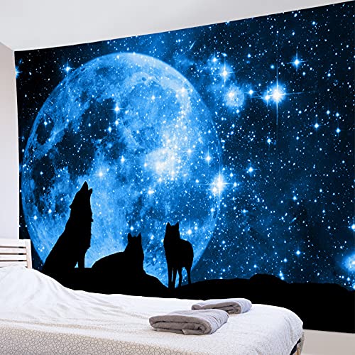 HVEST Wolf Tapestry Wall Hanging Full Moon in Blue Space Tapestries Wild Animal Wolves Wall Decor Blanket for Kids Bedroom Living Room Dorm Party (48X36")