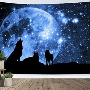 HVEST Wolf Tapestry Wall Hanging Full Moon in Blue Space Tapestries Wild Animal Wolves Wall Decor Blanket for Kids Bedroom Living Room Dorm Party (48X36")