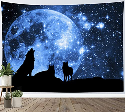 HVEST Wolf Tapestry Wall Hanging Full Moon in Blue Space Tapestries Wild Animal Wolves Wall Decor Blanket for Kids Bedroom Living Room Dorm Party (48X36")