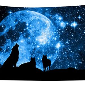 HVEST Wolf Tapestry Wall Hanging Full Moon in Blue Space Tapestries Wild Animal Wolves Wall Decor Blanket for Kids Bedroom Living Room Dorm Party (48X36")