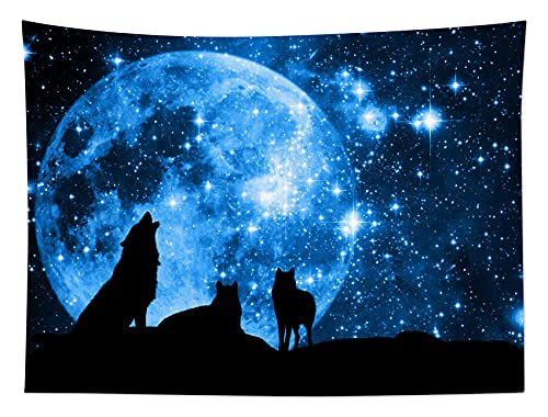 HVEST Wolf Tapestry Wall Hanging Full Moon in Blue Space Tapestries Wild Animal Wolves Wall Decor Blanket for Kids Bedroom Living Room Dorm Party (48X36")