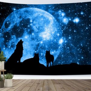 HVEST Wolf Tapestry Wall Hanging Full Moon in Blue Space Tapestries Wild Animal Wolves Wall Decor Blanket for Kids Bedroom Living Room Dorm Party, 60Wx40H Inches