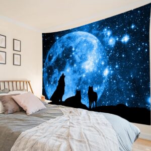 HVEST Wolf Tapestry Wall Hanging Full Moon in Blue Space Tapestries Wild Animal Wolves Wall Decor Blanket for Kids Bedroom Living Room Dorm Party, 60Wx40H Inches