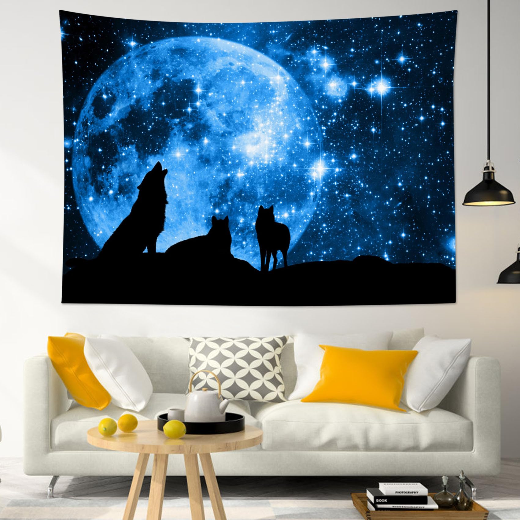 HVEST Wolf Tapestry Wall Hanging Full Moon in Blue Space Tapestries Wild Animal Wolves Wall Decor Blanket for Kids Bedroom Living Room Dorm Party, 60Wx40H Inches