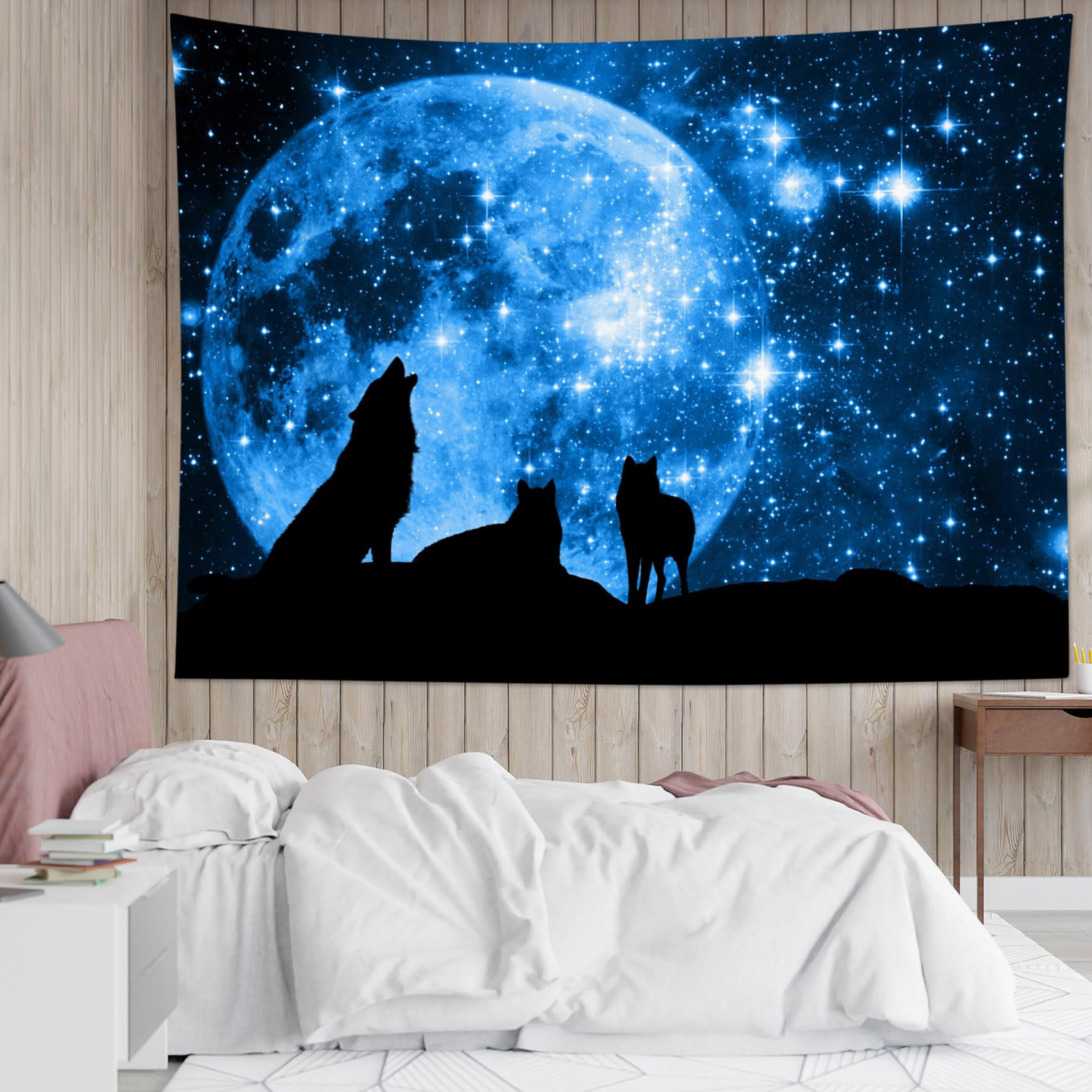 HVEST Wolf Tapestry Wall Hanging Full Moon in Blue Space Tapestries Wild Animal Wolves Wall Decor Blanket for Kids Bedroom Living Room Dorm Party, 60Wx40H Inches