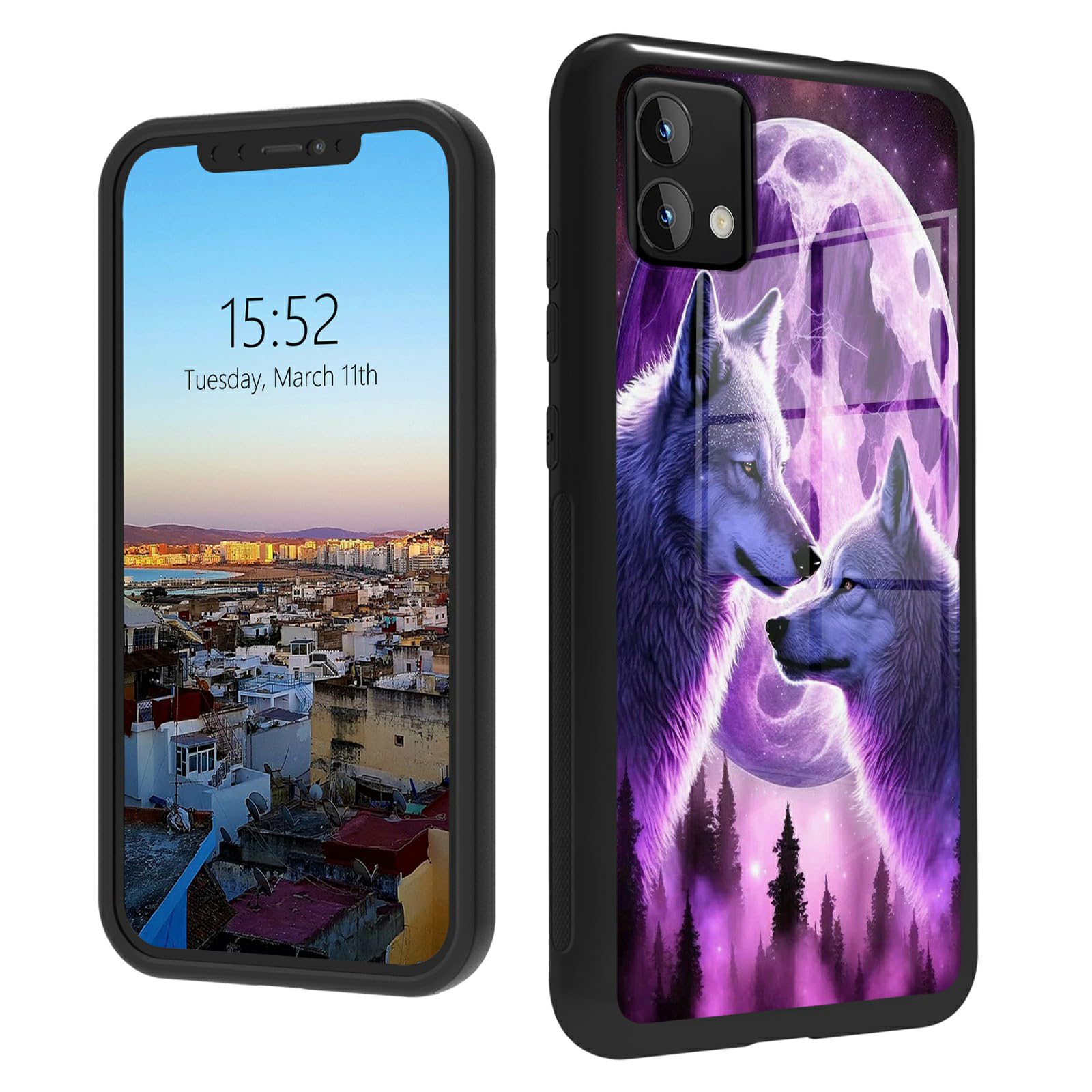 Case for Moto G Stylus 5G 2023 Phone Case Tempered Glass Black Cover with Moon and Wolf Wolves Design for Women Men Anti-Scratch Shockproof Protection Case for Motorola Moto G Stylus 5G 2023