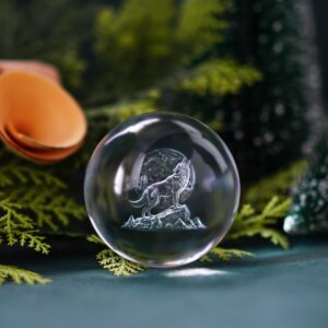 ZEERSHEE 3D Crystal Wolf Figurines Wolf Gifts for Man Women 60mm Glass Laser Ball Paperweight with Stand Howling Wolf with Moon Statue Etched Glass Wolf Decor for Home