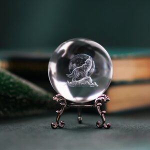 ZEERSHEE 3D Crystal Wolf Figurines Wolf Gifts for Man Women 60mm Glass Laser Ball Paperweight with Stand Howling Wolf with Moon Statue Etched Glass Wolf Decor for Home